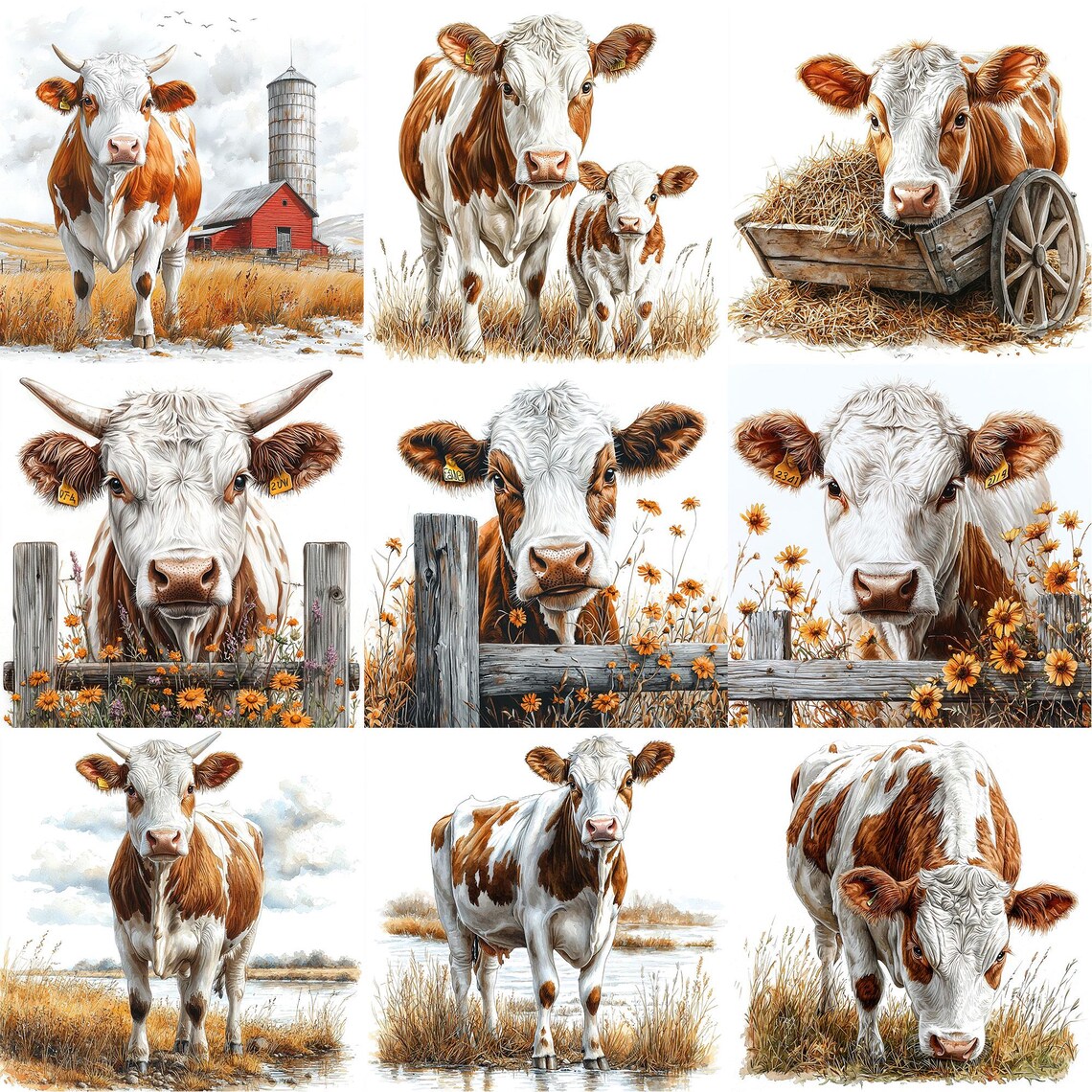 JPEG Watercolor Farmyard Cow Clipart Bundle Cottage Core Farm Land Farm ...