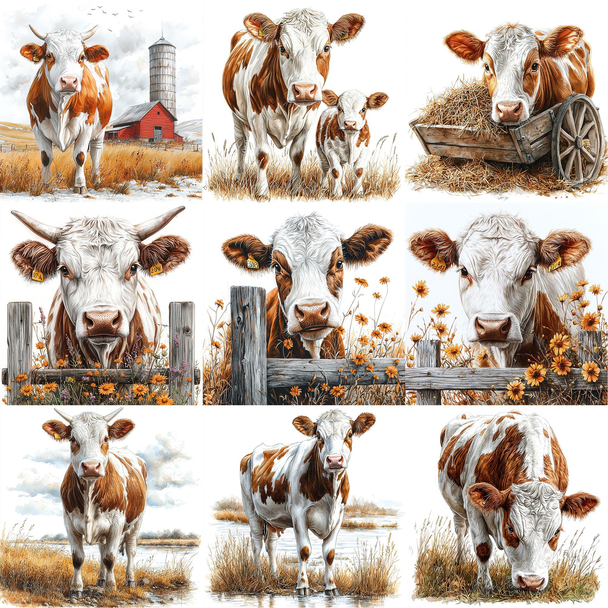 JPEG Watercolor Farmyard Cow Clipart Bundle Cottage Core Farm Land Farm ...