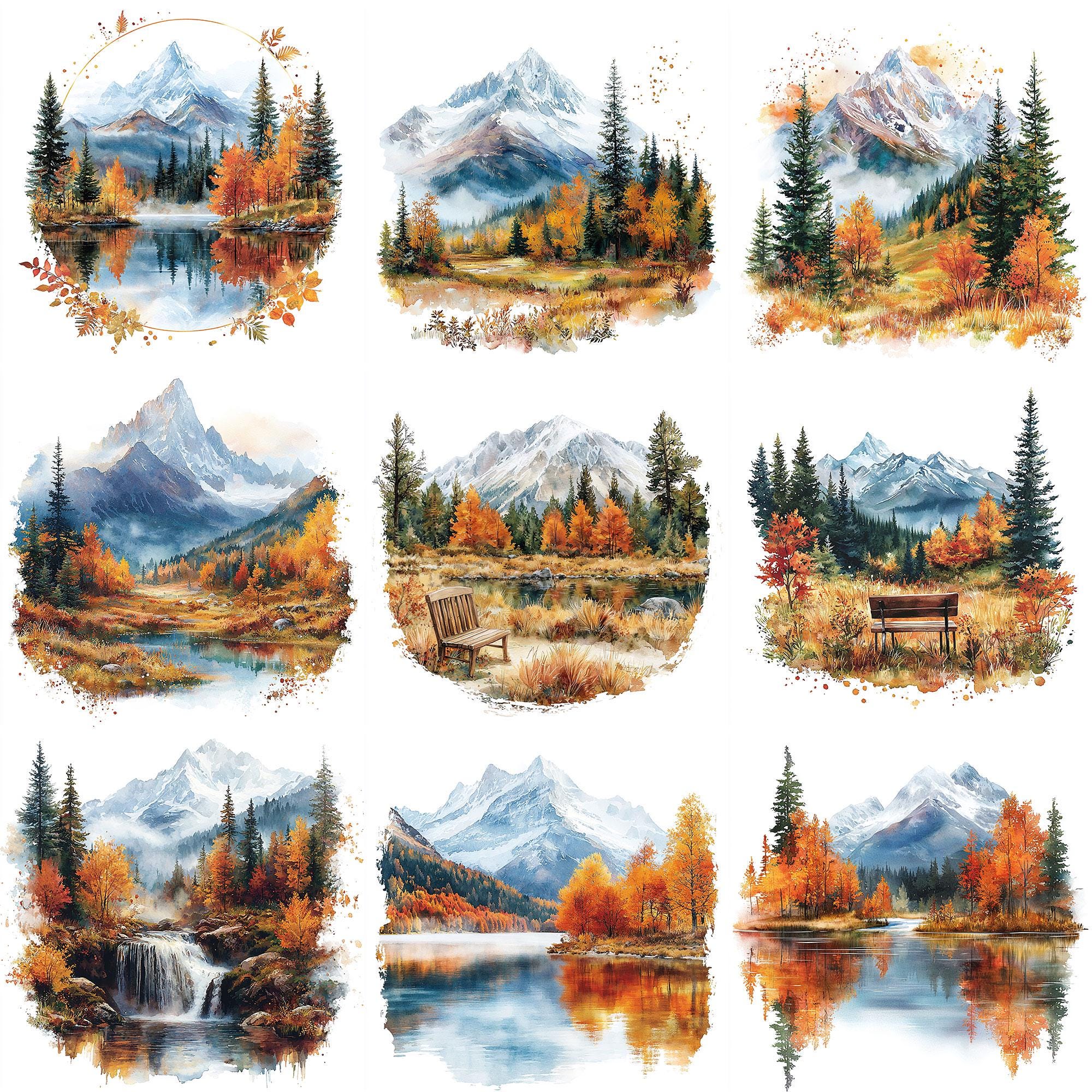 JPEG Watercolor Autumn Mountain Clipart Bundle Fall Mountain Scenery ...
