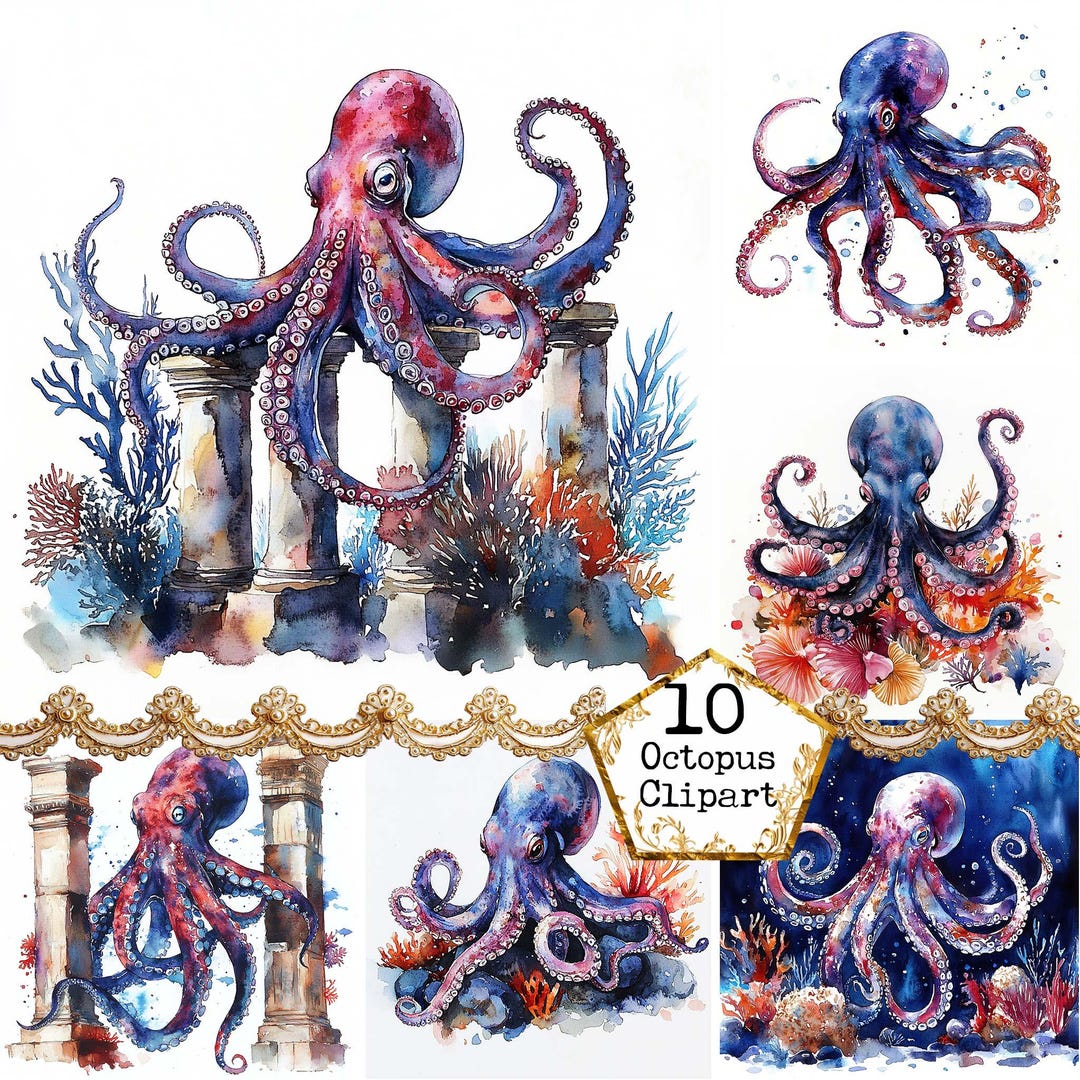 JPEG Watercolor Octopus Clipart Bundle Coral Reef Ocean Clipart Summer ...