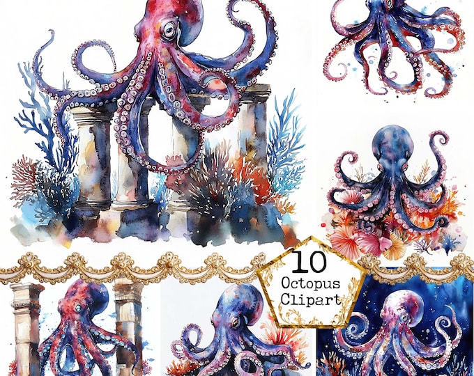 Watercolor Octopus Clipart Set of 34 PNG Files, Sea Animals Clipart ...