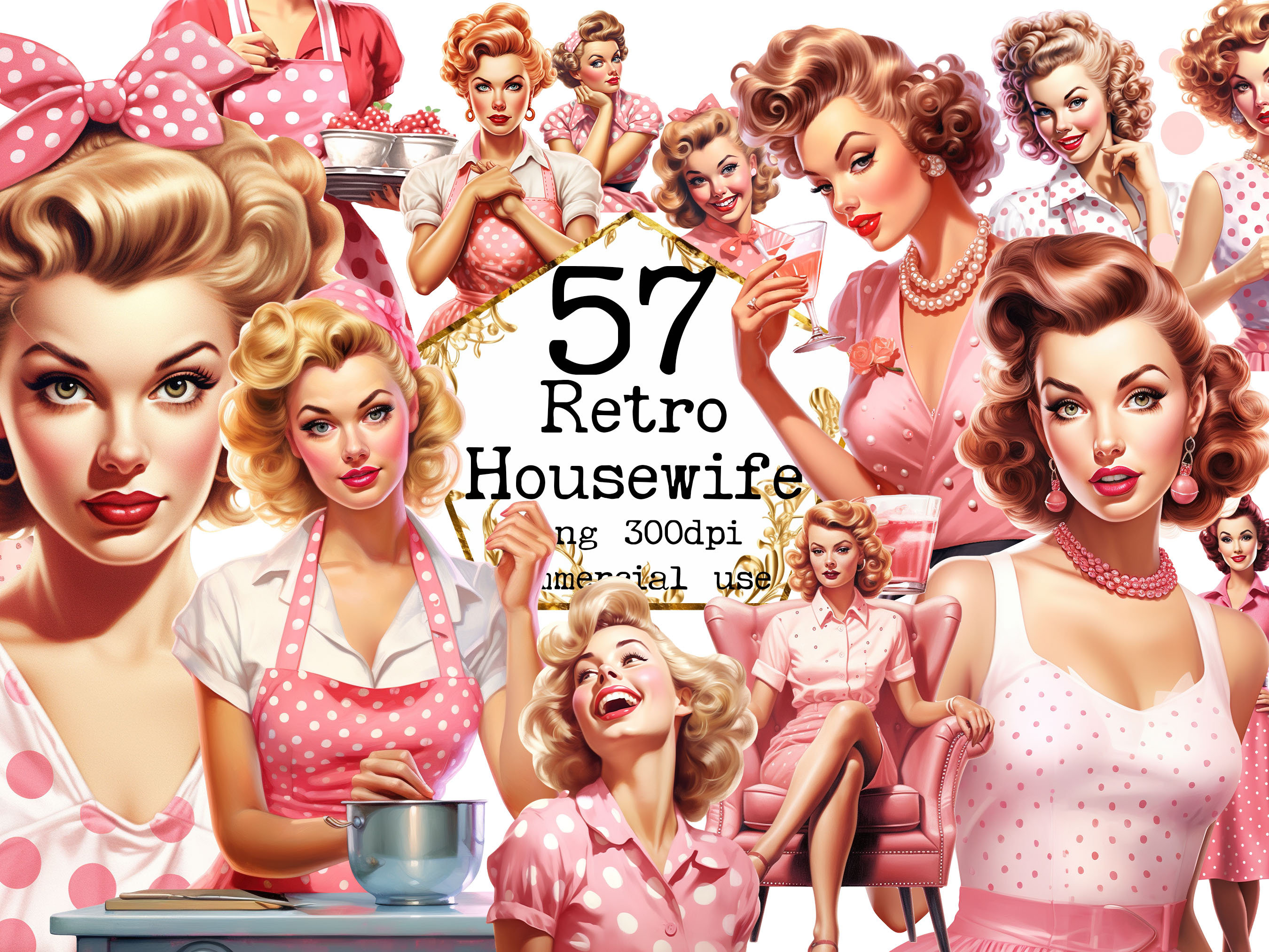 PNG BIG Retro Housewife Clipart Bundle PNG Polka Dot Dress Retro Women ...