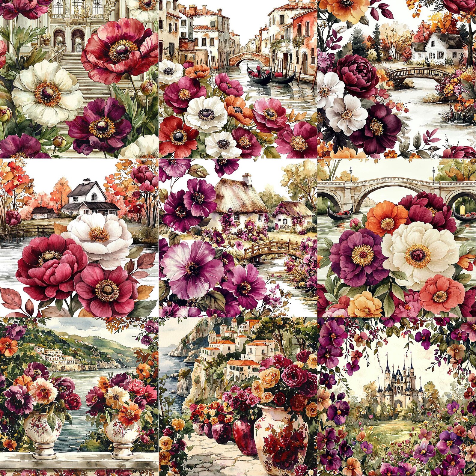 JPEG Watercolor Floral Burgundy Flower Scenes Clipart Bundle Spring ...