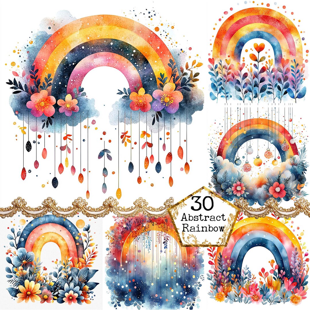 JPEG Watercolor Saturated Floral Abstract Rainbow Clipart Bundle ...