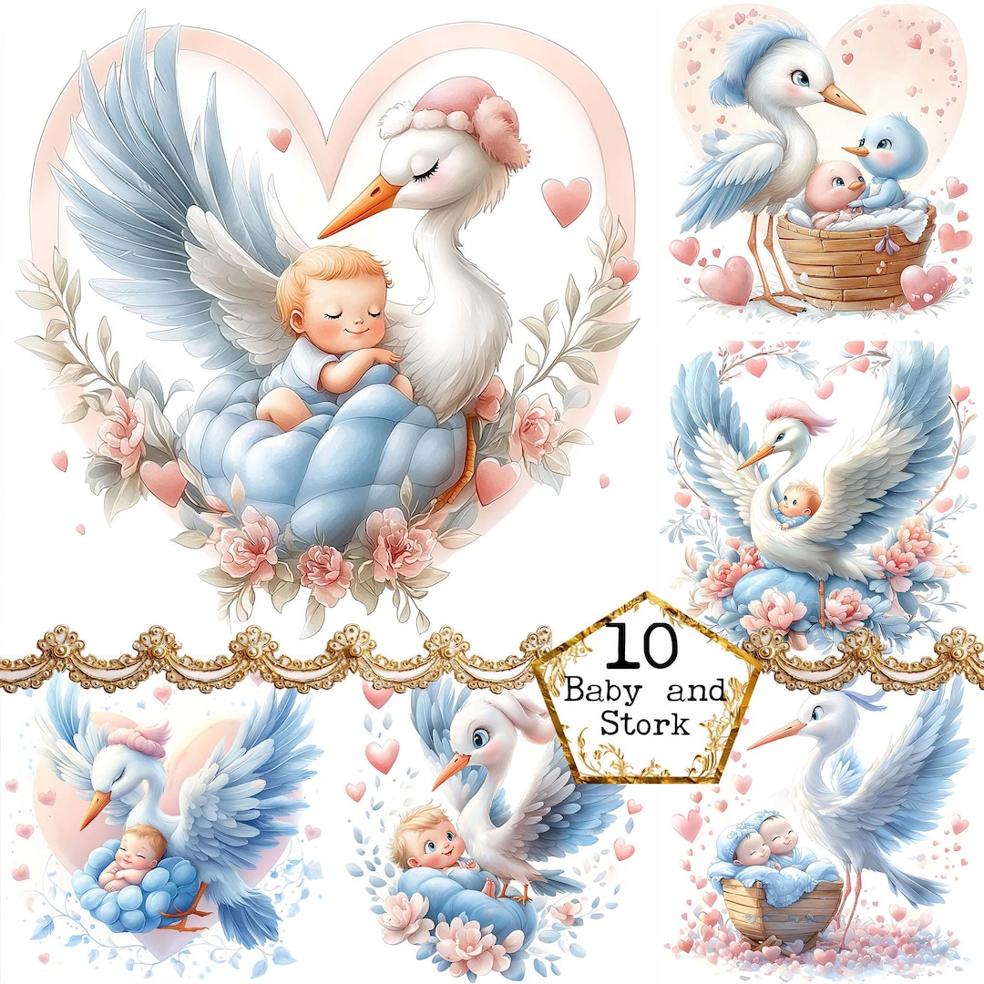 JPEG Watercolor Stork Baby Clipart Bundle Nursery Clipart Baby Shower ...