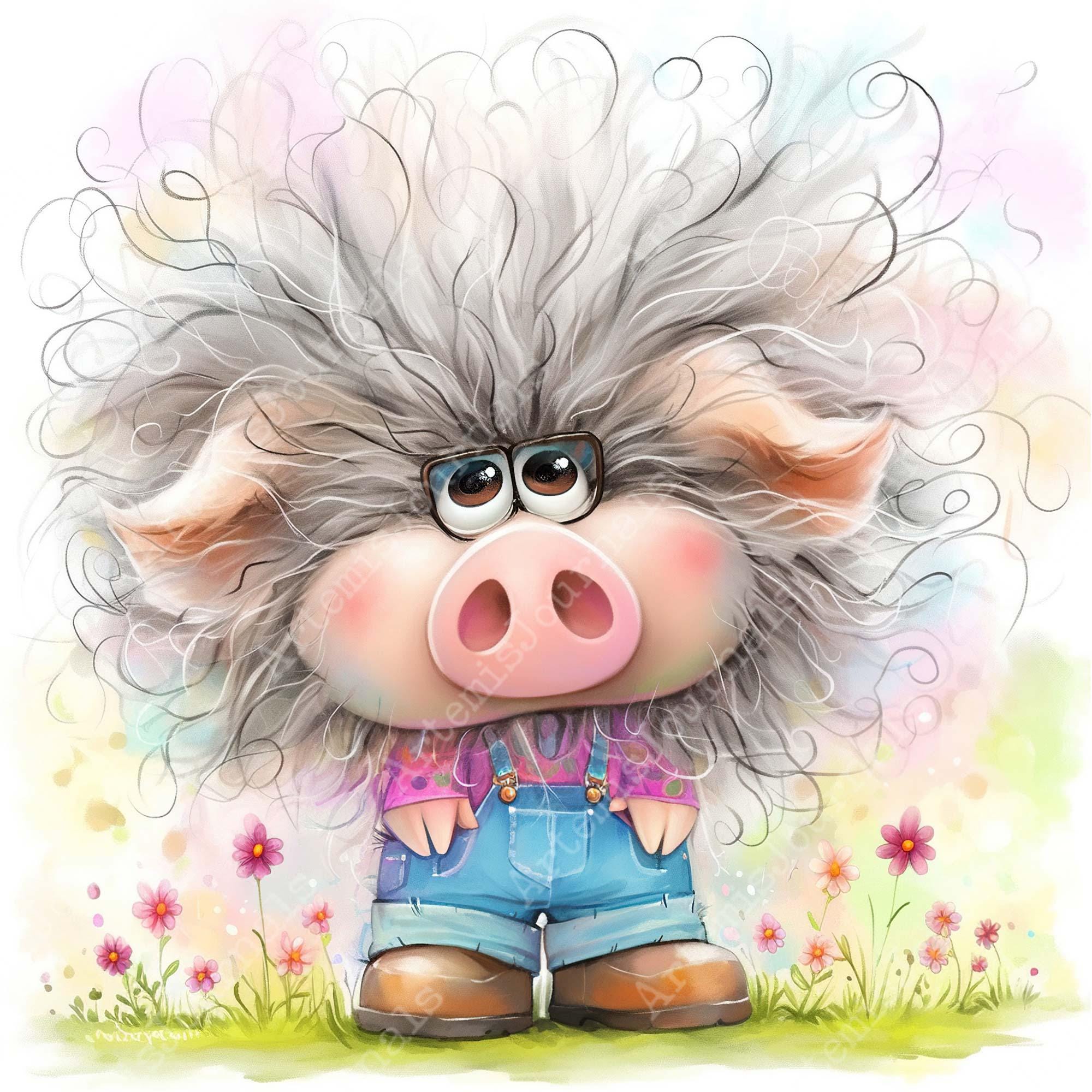 JPEG Watercolor Quirky Pig Clipart Bundle Whimsical Animal Clipart Cute ...