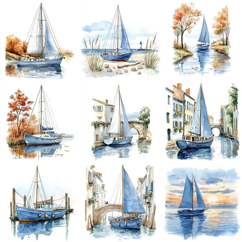 JPEG Watercolor Sailing Boat in the Sea JPEG Sailing Clipart Nautical ...