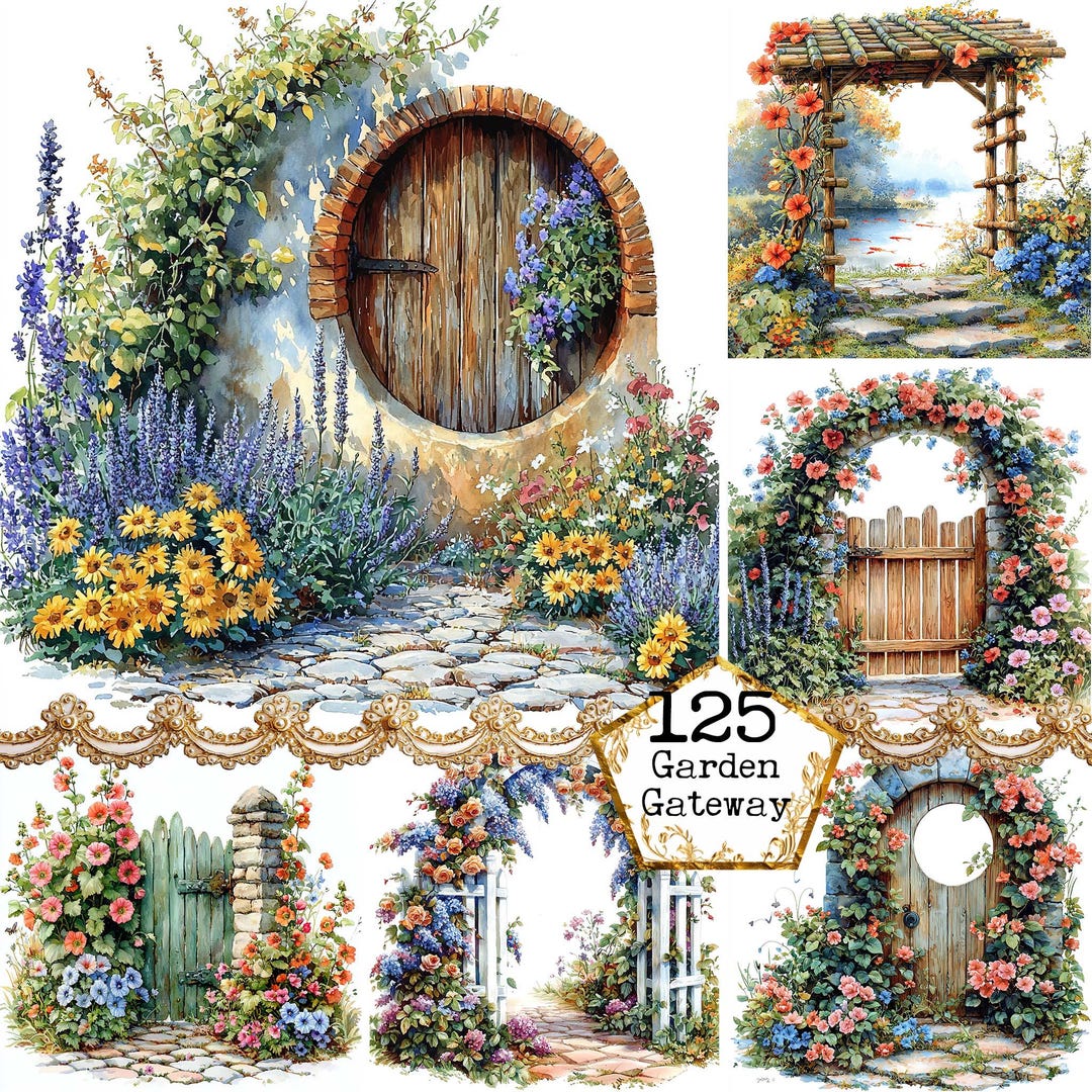 JPG BIG Watercolor Spring Garden Gates Clipart Bundle Watercolor ...