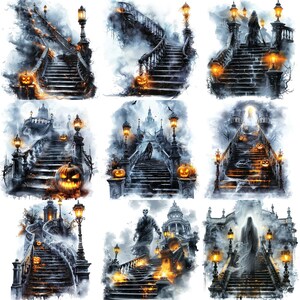 JPEG Watercolor Gothic Haunted Staircase Clipart Bundle Halloween ...