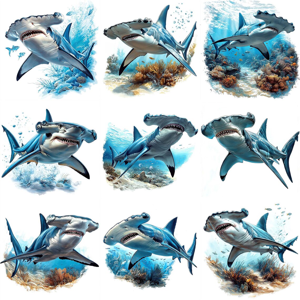 JPEG Watercolor Hammerhead Shark Clipart Bundle Fish Scrapbook Paper ...