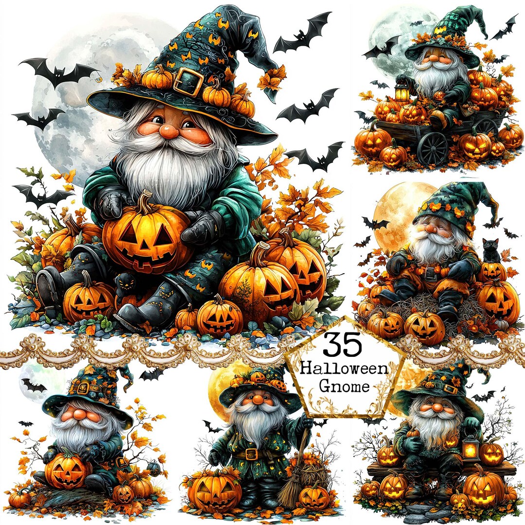 JPEG Watercolor Gnome Clipart Bundle Halloween Gnome Clipart Witchy ...