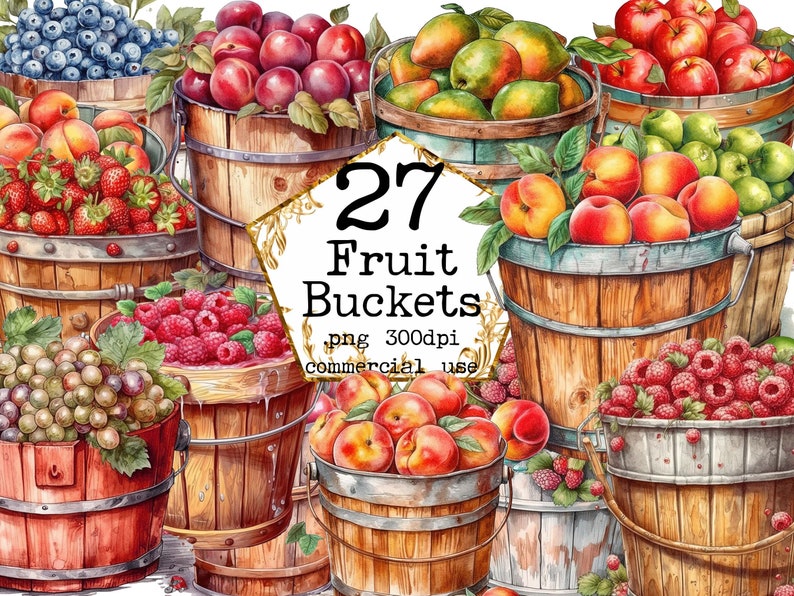 Buckets of Fruits Clipart PNG Fruity Baskets Digital Image - Etsy