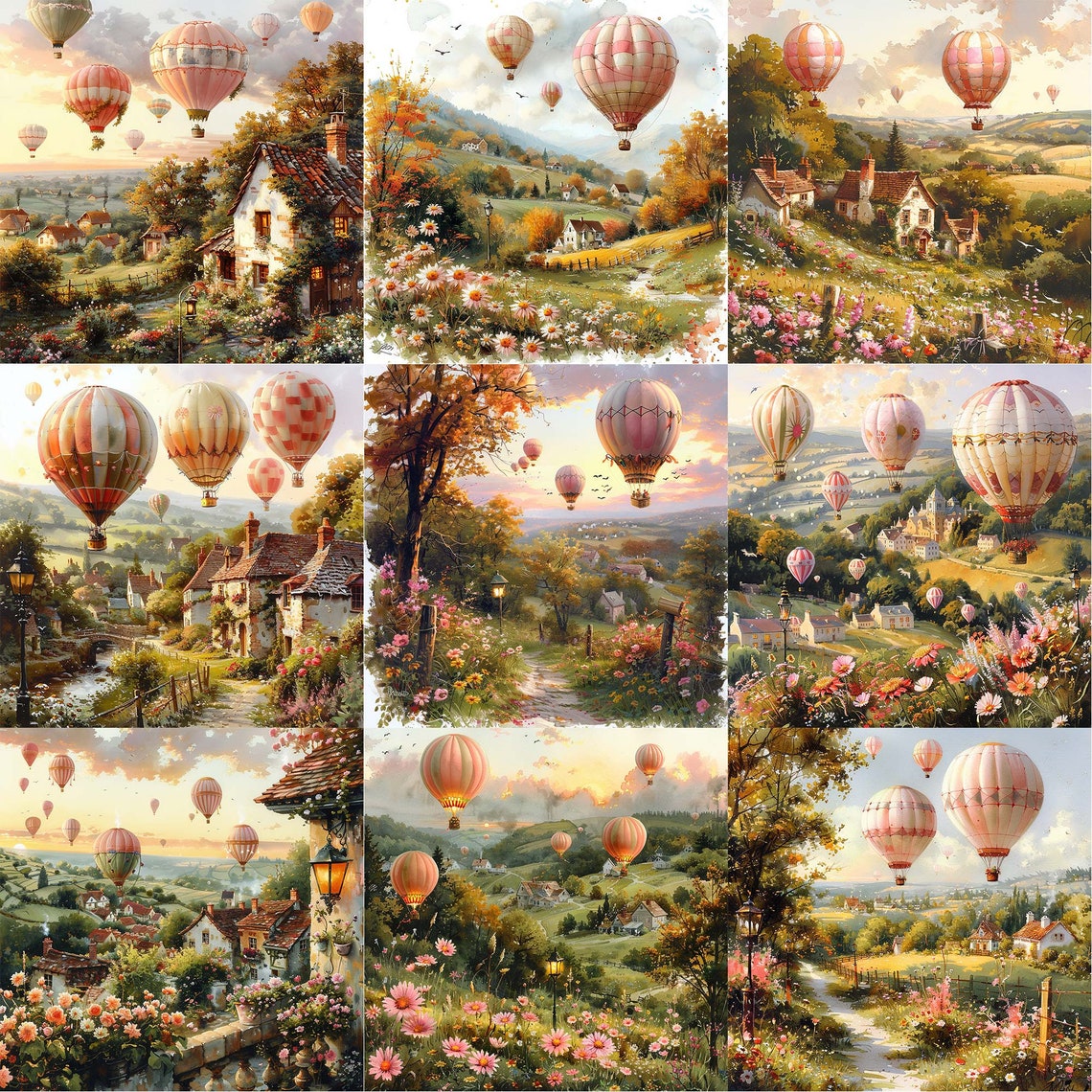 JPEG Shabby Chis Small Village and Air Balloons JPEG Instant Download ...