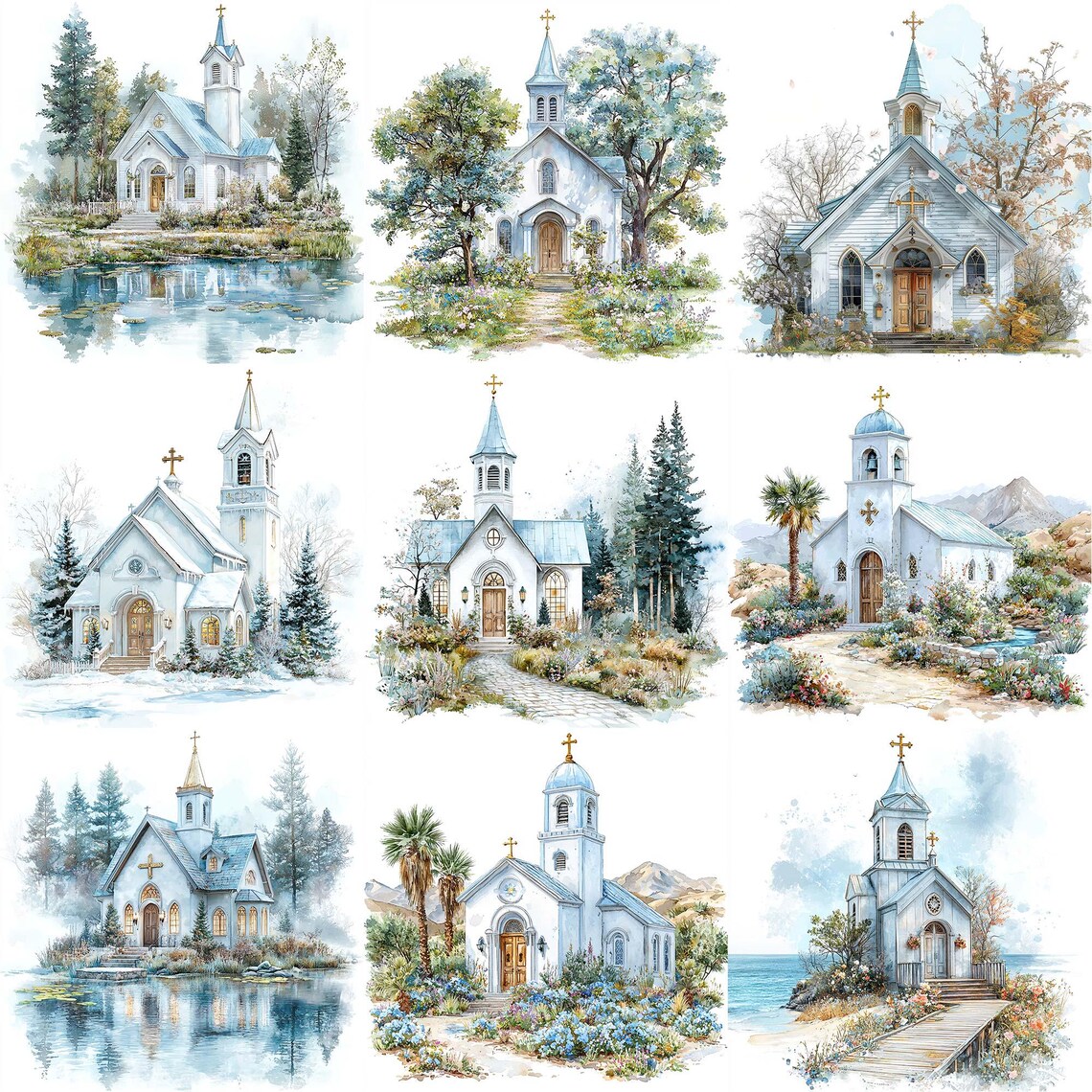 Old Little Church With Flower Clipart Bundle European Clipart JPEG ...