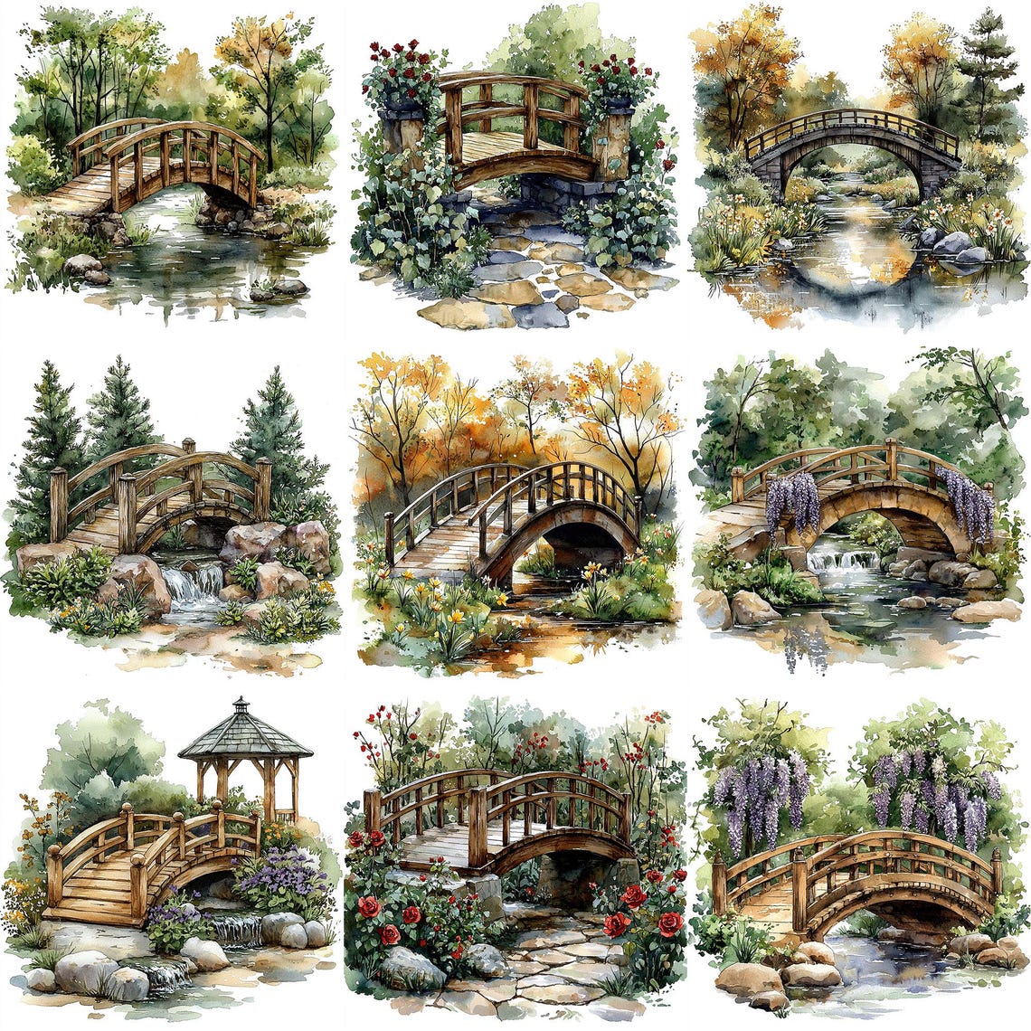 JPEG Watercolor Spring Bridges Clipart Bundle Spring Clipart Floral ...
