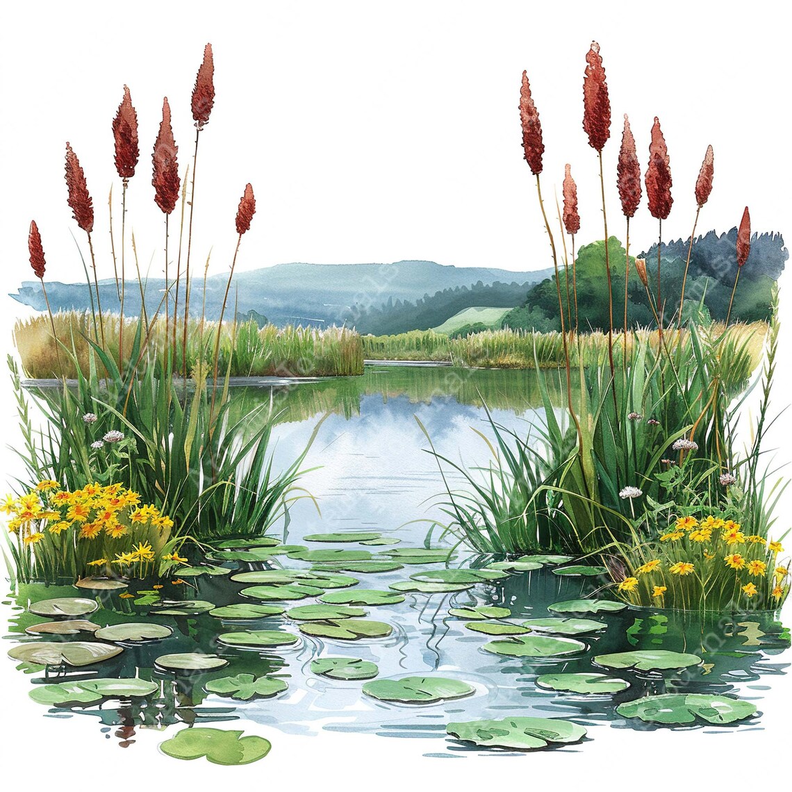 Watercolor Bulrush Pond Clipart JPEG Landscape Clipart Lake Clipart ...
