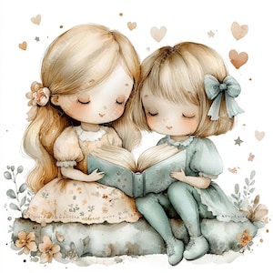 JPEG Watercolor Cute Little Girls Best Friends Clipart Bundle ...