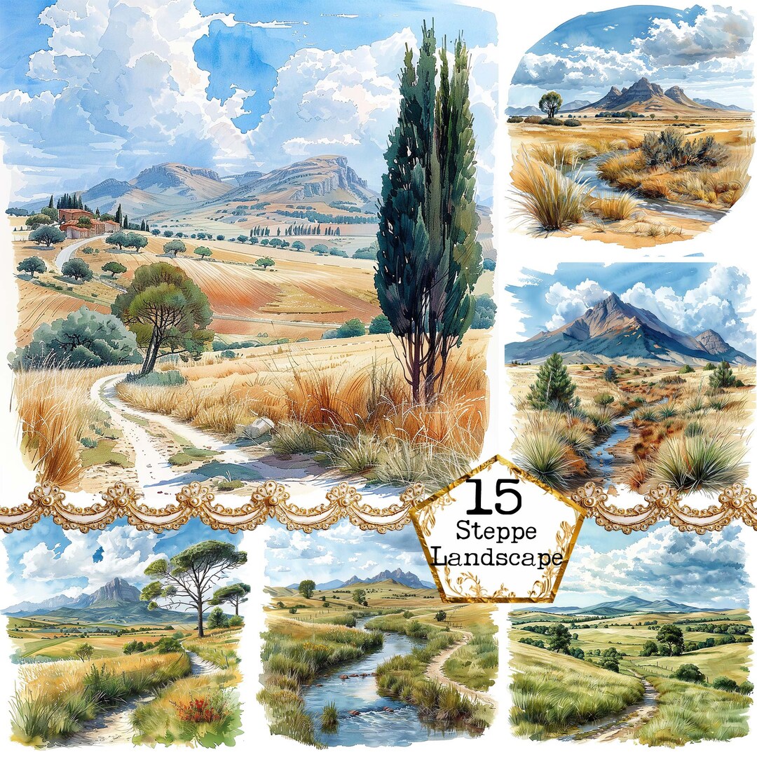 Steppe Landscape Clipart Jpgs Watercolor Art Card Making Mixed Media ...
