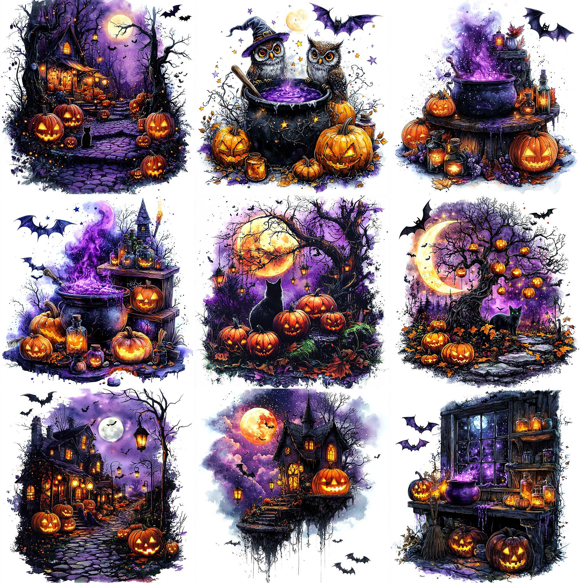 JPEG Watercolor Halloween Clipart Bundle Purple Witch Magical Forest ...