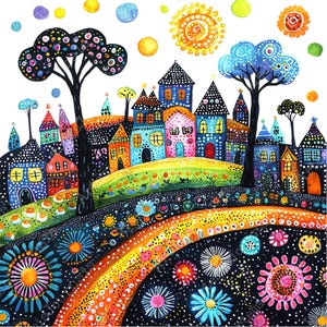 JPEG Whimsical Spring Village at Night Graphics Psychedelic Graphics ...