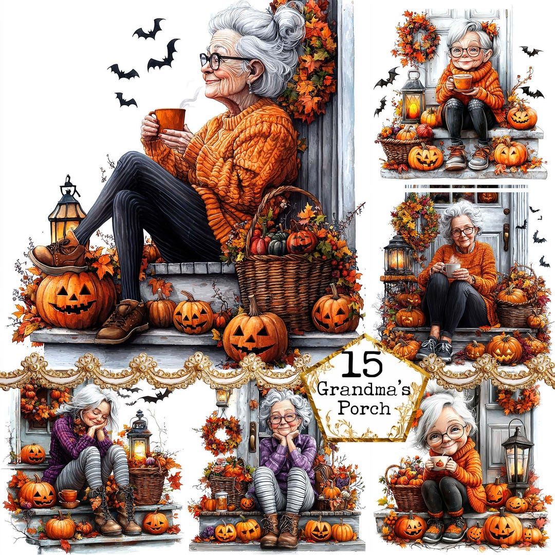 JPEG Cute Grandma Autumn Porch Clipart Bundle Grandma and Coffee ...