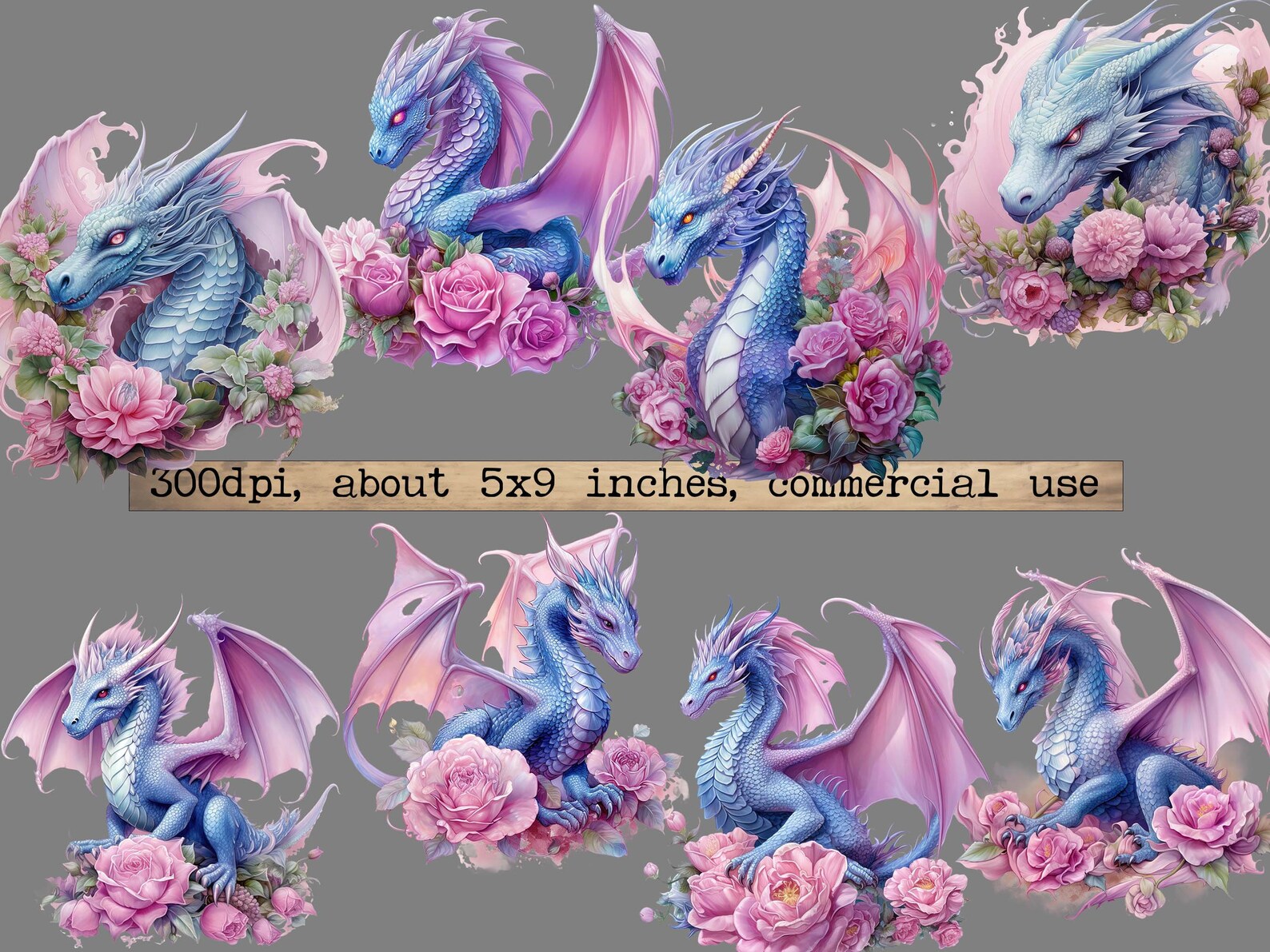 Watercolor Dragon Clipart Bundle Dragon Sublimation Design Flower ...