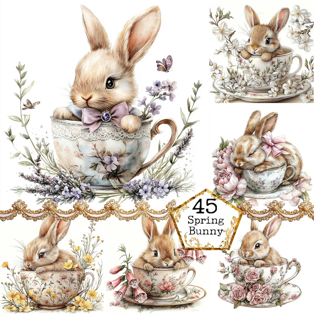 JPEG Watercolor Spring Rabbit in a Floral Teacup Clipart Bundle Cute ...
