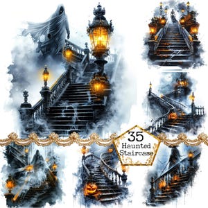 JPEG Watercolor Gothic Haunted Staircase Clipart Bundle Halloween ...