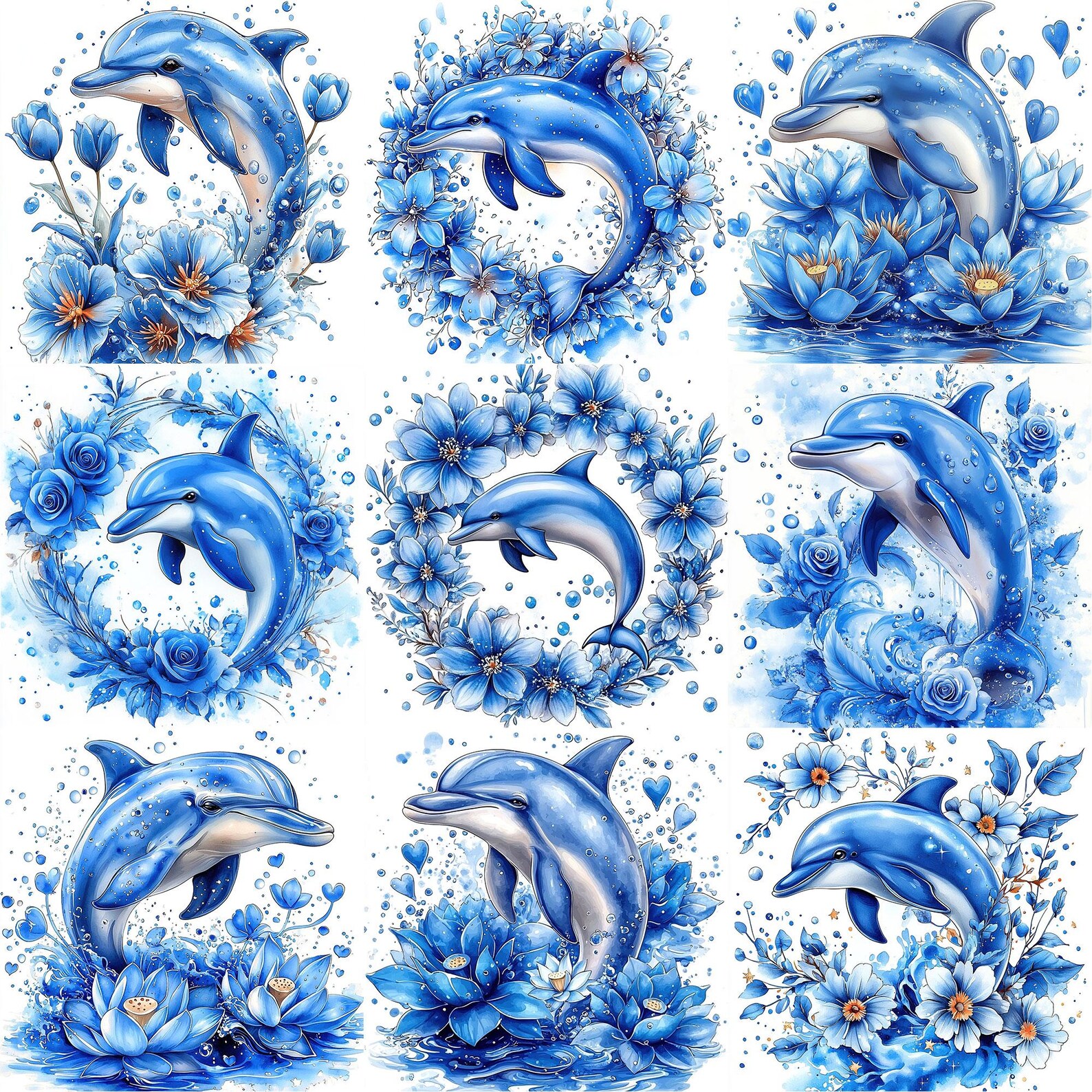 JPEG Watercolor Dolphin Clipart Bundle Floral Dolphin Clipart Sea Life ...