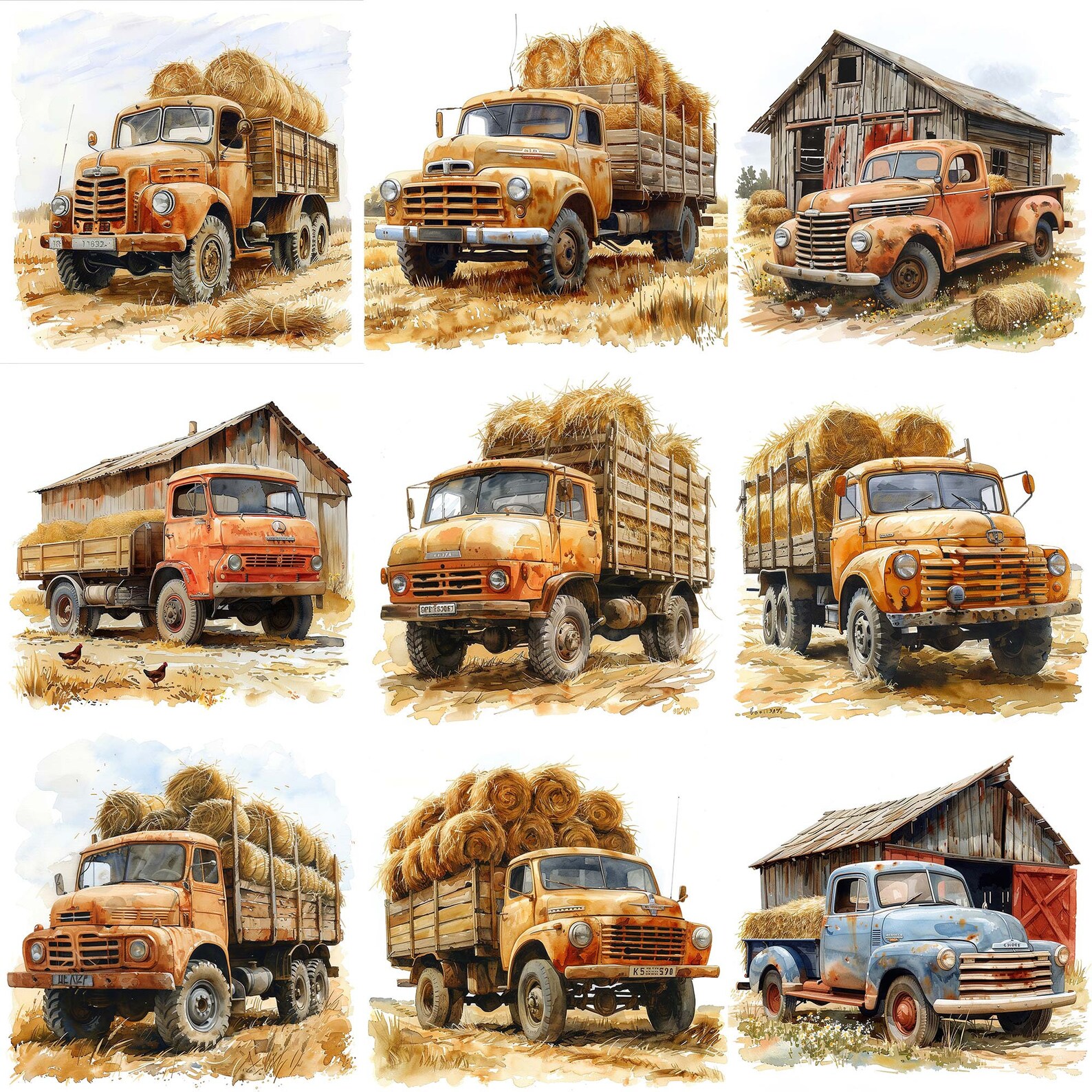 Watercolor Vintage Farm Truck With Hay Clipart Bundle JPEG Commercial ...