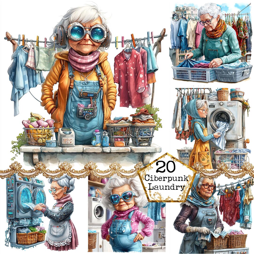 JPEG Cyberpunk Senior Lady Doing Laundry Clipart Granny Clipart Washing ...