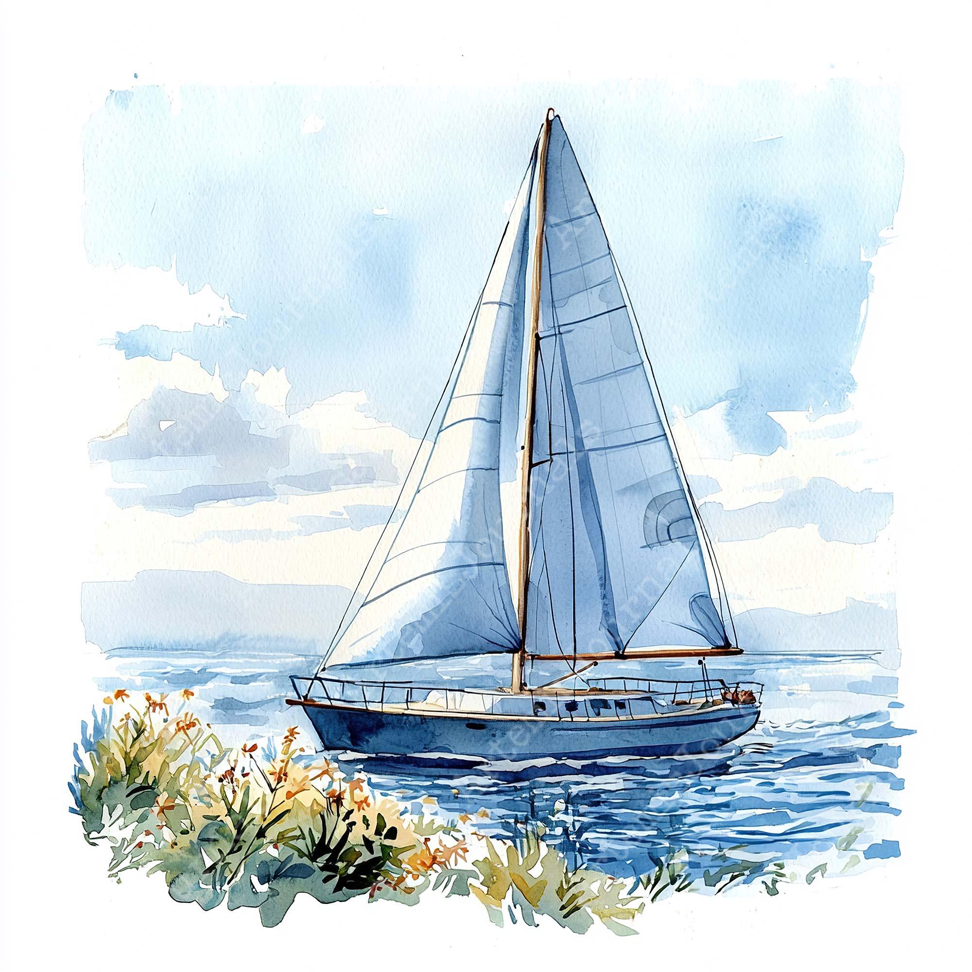 JPEG Watercolor Sailing Boat in the Sea JPEG Sailing Clipart Nautical ...