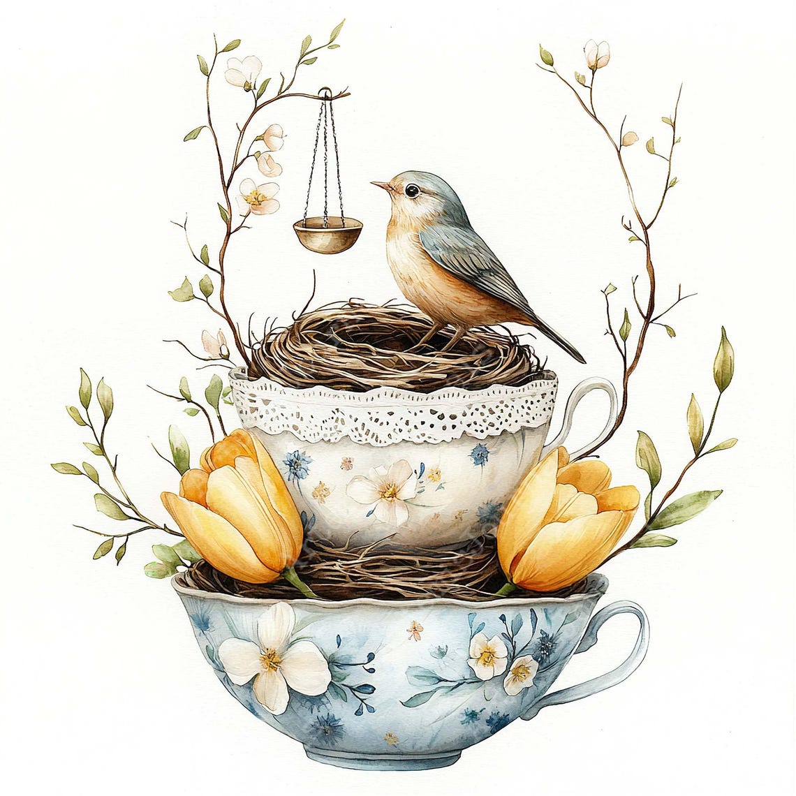 JPEG Watercolor Spring Teacup With Bird Nests Clipart Bundle Spring ...