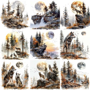 Wolf and Mountain Forest Clipart Bundle JPEG Commercial Use Printable ...