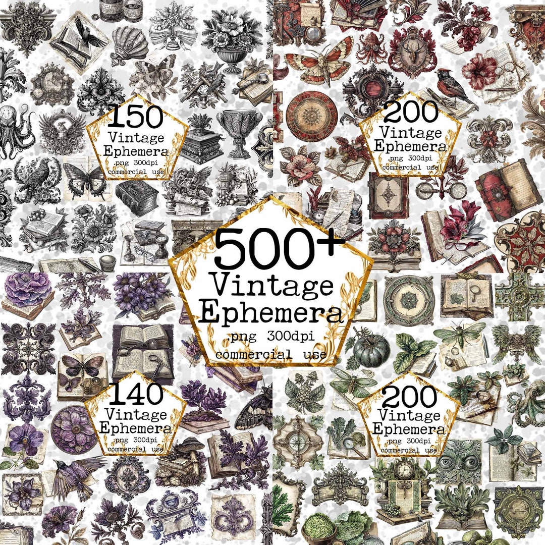 BIG PNG Vintage Ephemera Clipart Bundle Monochromatic Clipart ...