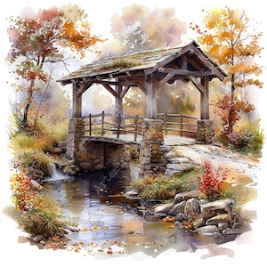 Watercolor Covered Autumn Bridge Clipart Bundle JPEG Landscape Scenery ...