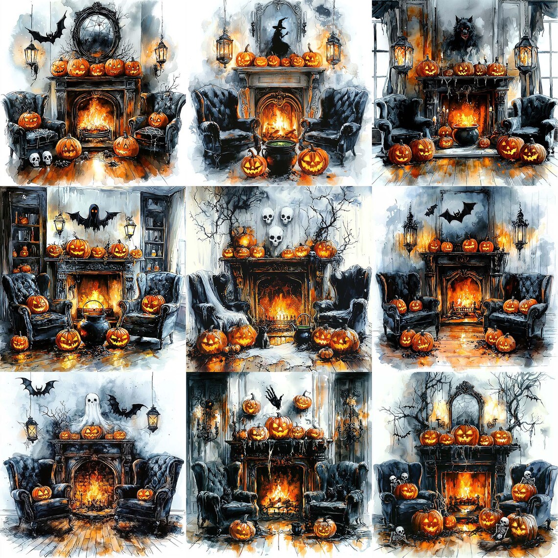 JPEG Watercolor Haunted Fireplace Clipart Bundle Spooky Livingroom ...