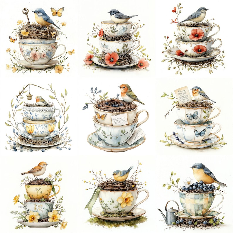 JPEG Watercolor Spring Teacup With Bird Nests Clipart Bundle Spring ...