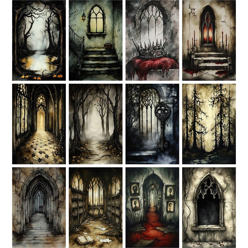 230 Watercolor Gothic Scenes - Printable Pages, Spooky Horror Junk ...