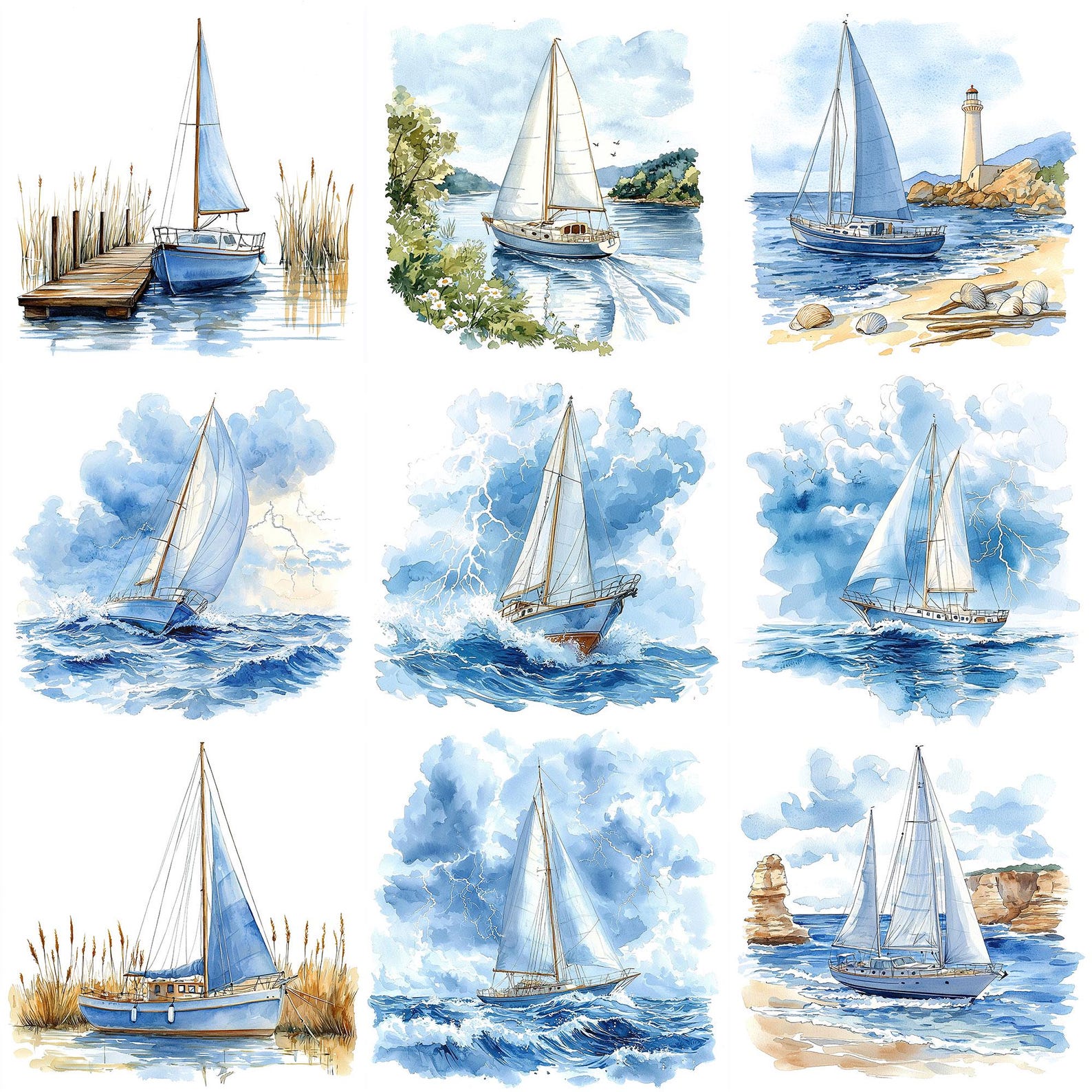 JPEG Watercolor Sailing Boat in the Sea JPEG Sailing Clipart Nautical ...