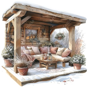 JPEG Watercolor Garden Winter Patio Clipart Bundle Cozy Seating Cozy ...