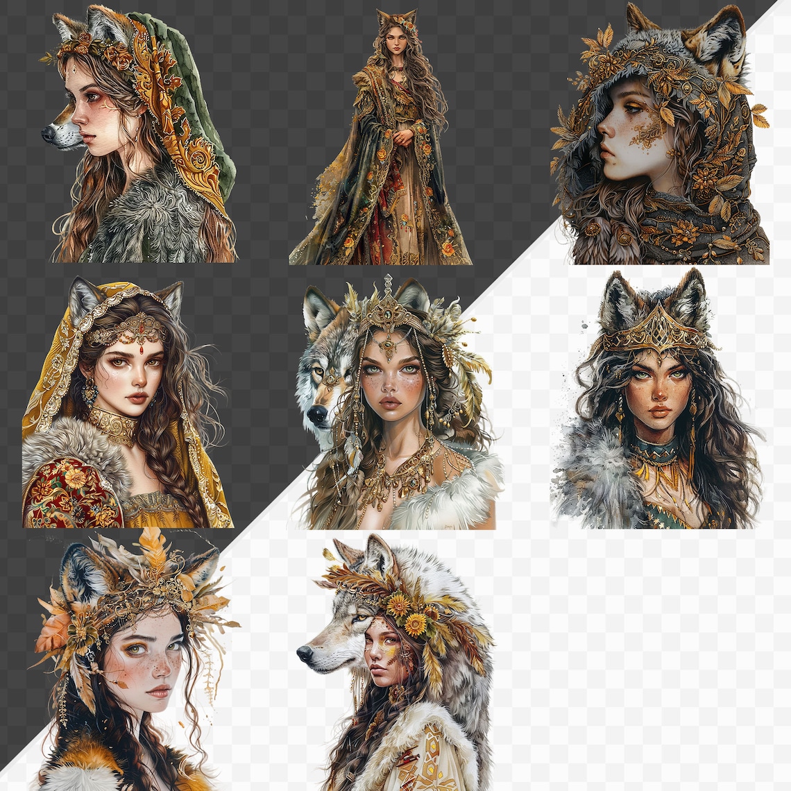 WOLF Princess Watercolor Clipart Princess Clipart PNG Wolf Girl Fantasy ...