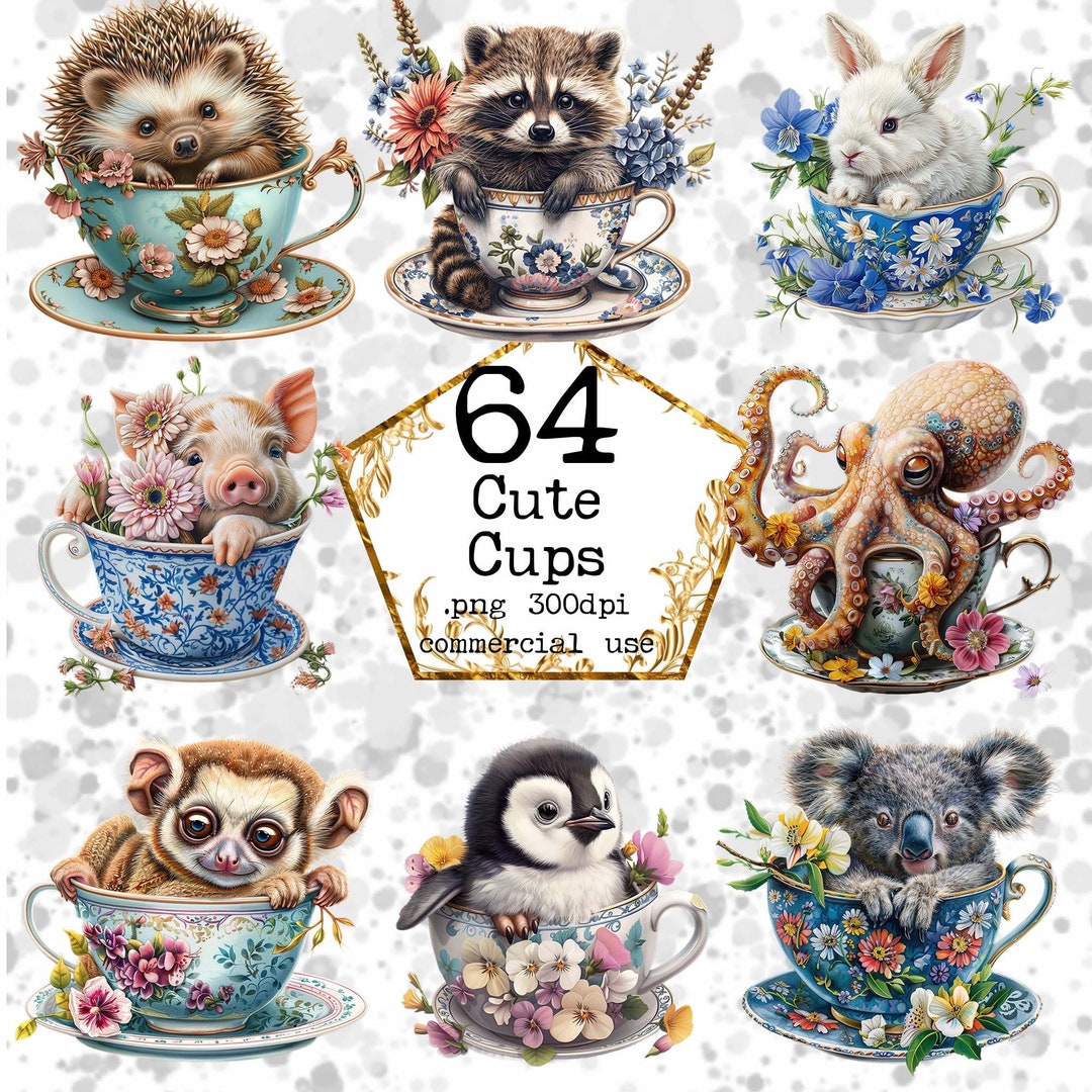 Animals in Mugs Illustrations Clipart Bundle Commercial Use Cute ...