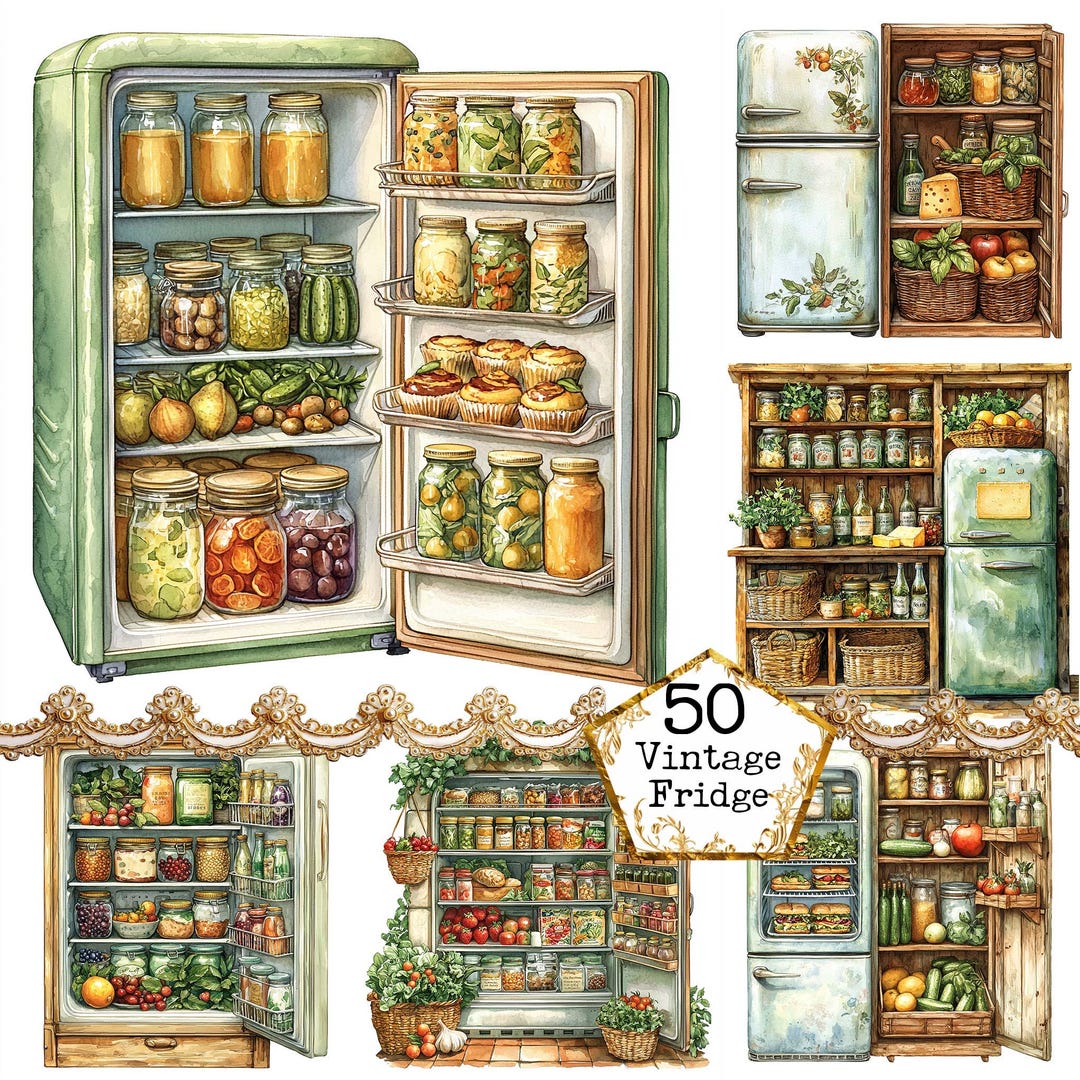 JPEG Watercolor Retro Fridge Clipart Bundle Vintage Clipart Pantry ...