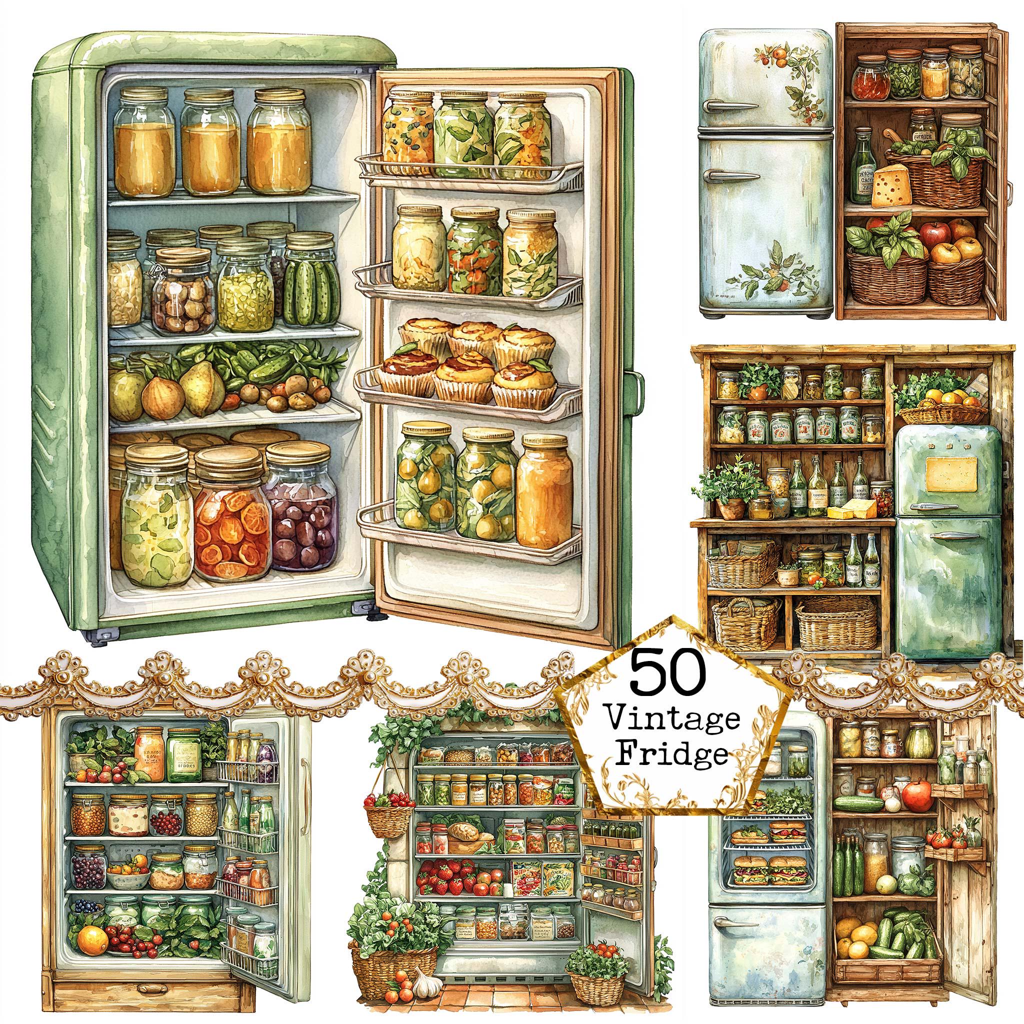 JPEG Watercolor Retro Fridge Clipart Bundle Vintage Clipart Pantry ...