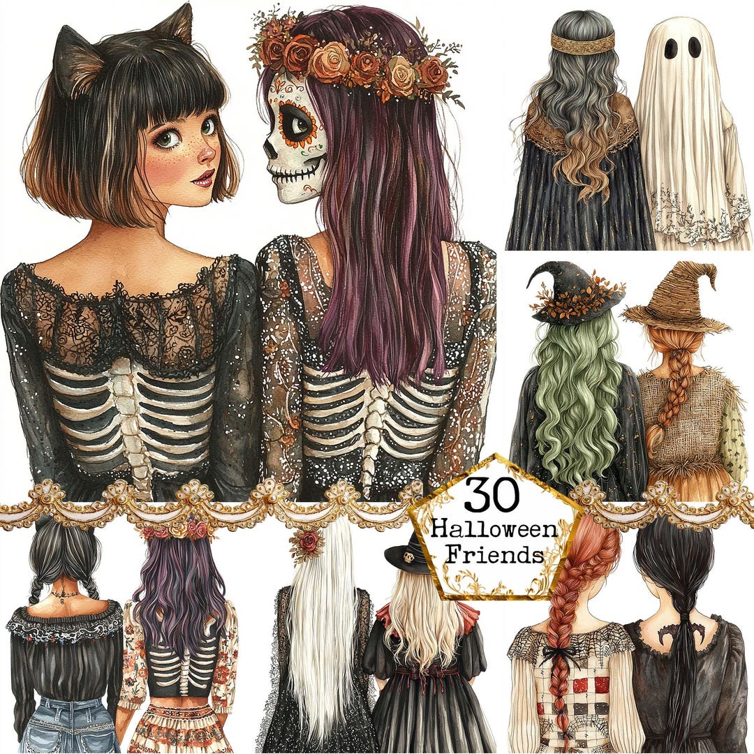 JPEG Halloween Girls Costumes Clipart Bundle Halloween Friends Besties ...