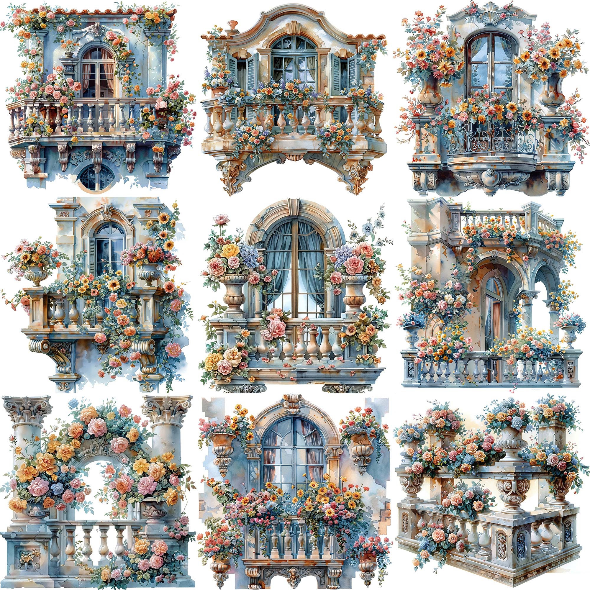 JPEG Floral Balcony Clipart Bundle Floral Window House Front Clipart ...