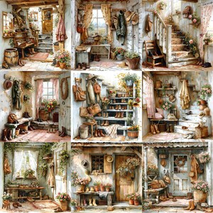 Watercolor Cottage Cluttered Home Entrance JPEG Instant Download Cosy ...