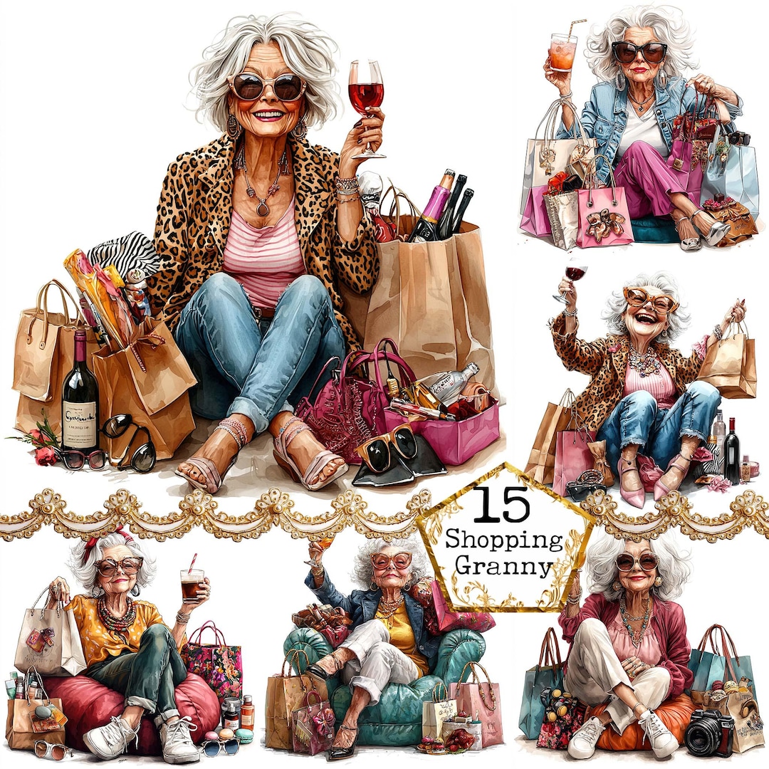 JPEG Watercolor Shopping Granny Clipart Bundle Senior Lady With ...