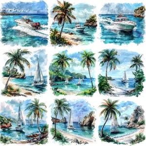 JPEG Watercolor Tropical Beach With a Boat Clipart Bundle Instant ...